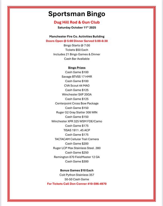 Sportsmans Bingo - Dug Hill Rod & Gun Club - Manchester Volunteer Fire ...